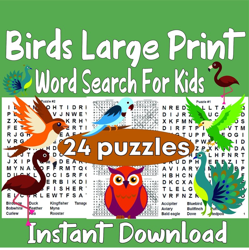 Birds Large Print Word Search for Kids : Activity Games for Kids ...