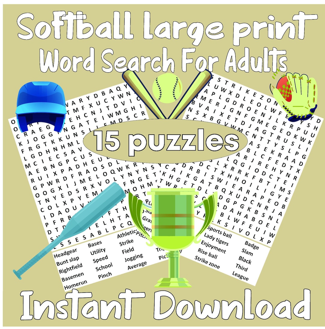 Softball Large Print Word Search for Adults : Activity Games for Adults ...