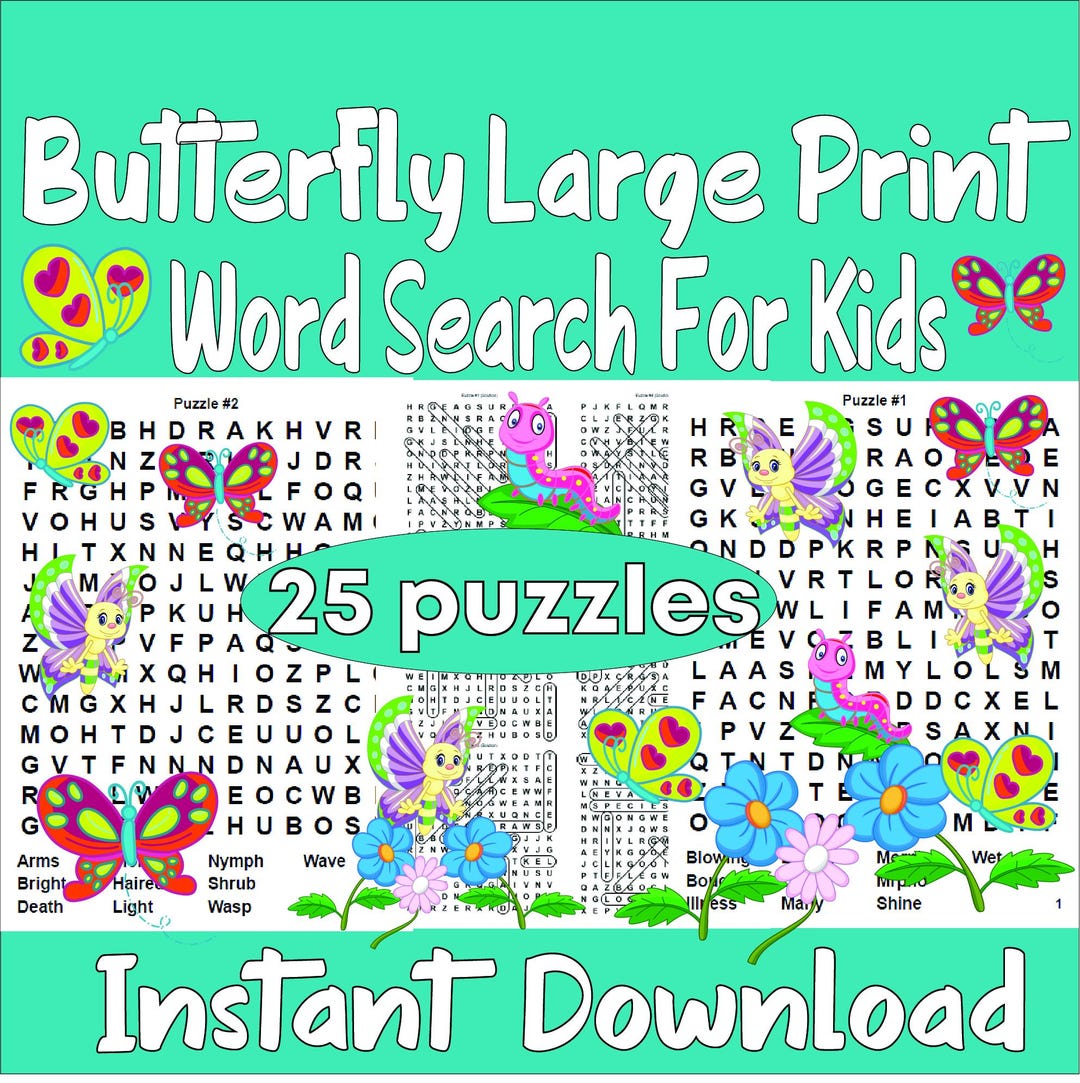 Butterfly Word Search: 25 Large Print Puzzles for Kids (PDF) - Etsy