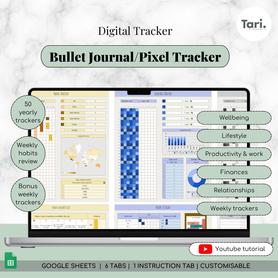 Digital Pixel Planner Google Sheets, Year in Pixels, Digital Bullet ...