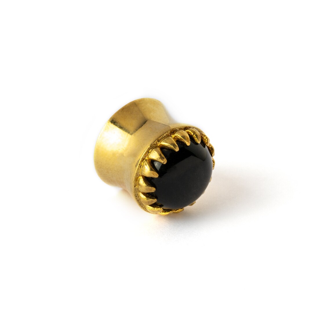 Golden Crown Ear Plugs With Black Obsidian, Plug Earrings for Stretched ...