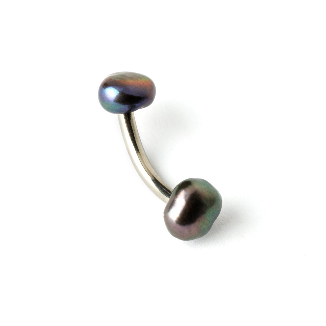 Black Pearl Belly Button Ring, L316 Surgical Steel 1.6mm (14g) Curved Belly Bar With Two Pearl ...