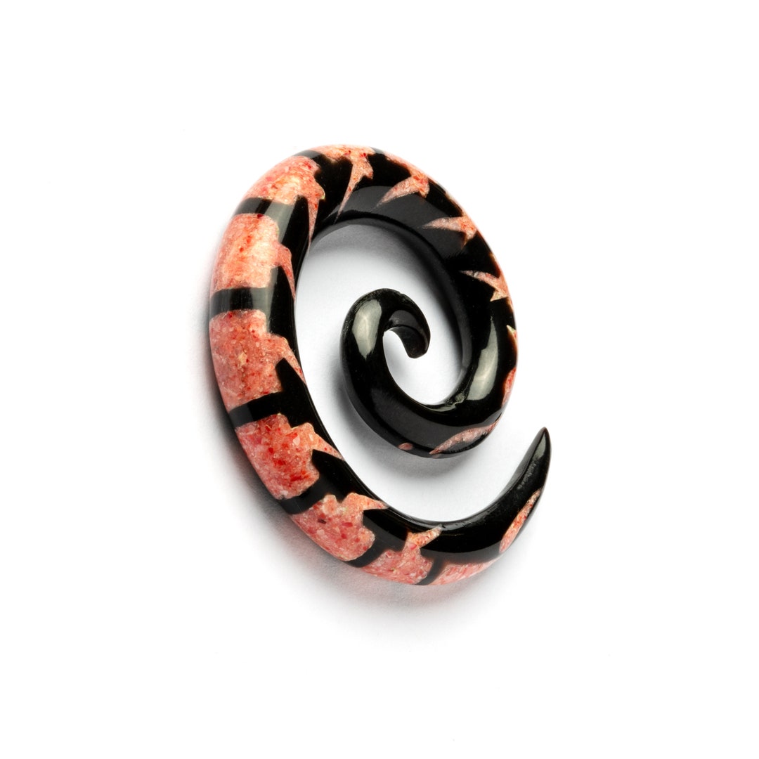 Black Spiral Ear Stretchers With Coral, Taper Gauge Earrings for ...