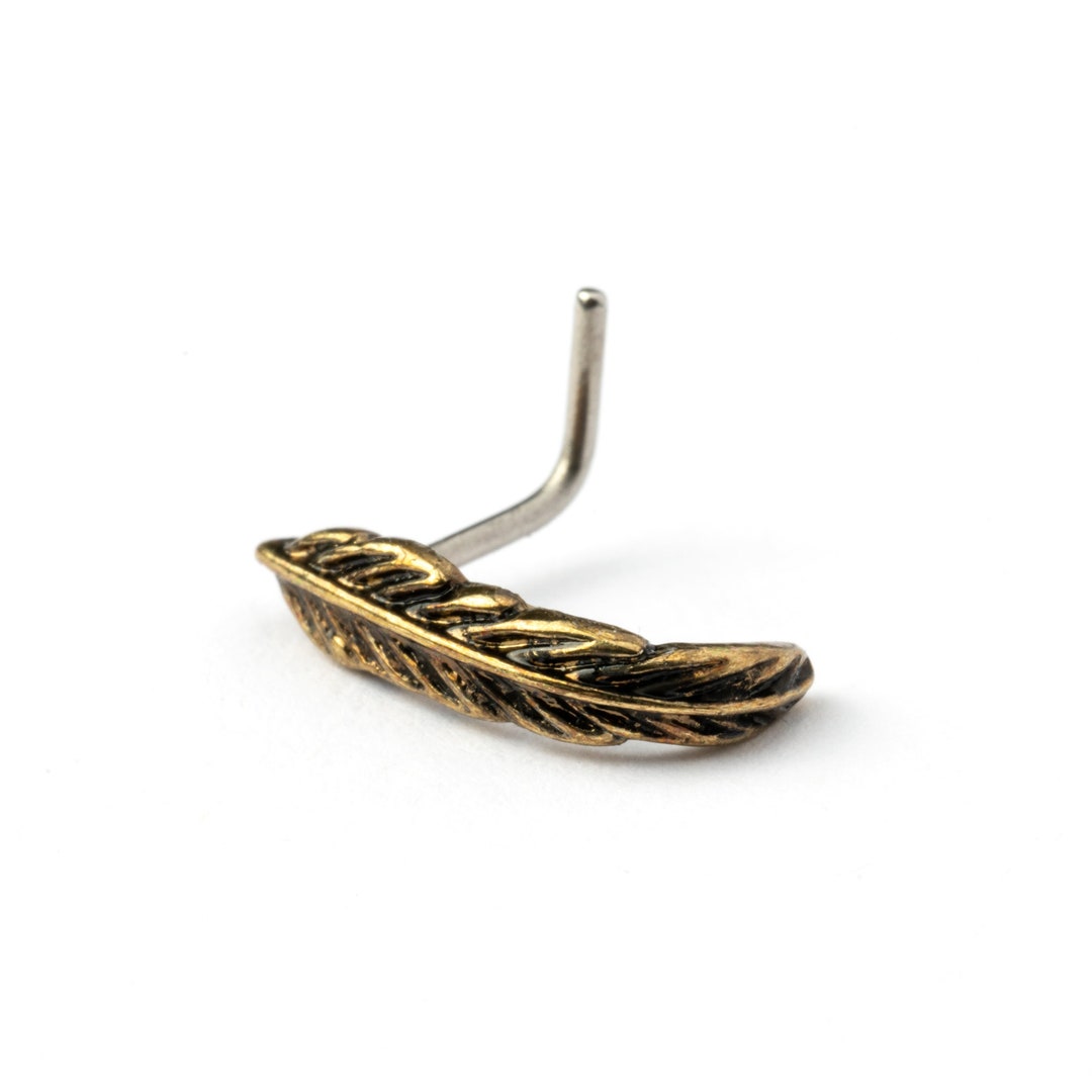 Bronze Feather Nose Stud, Antique Gold Surgical Steel Nose Pin, Dainty ...
