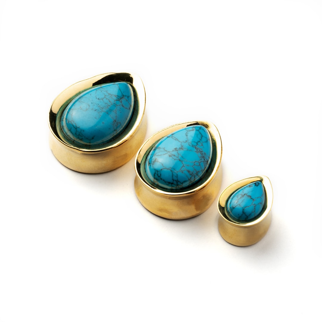 Golden Teardrop Ear Plugs With Turquoise, Plug Earrings for Stretched ...