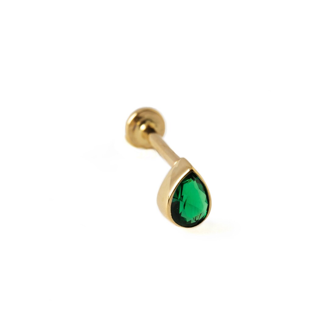 14k Gold Teardrop Labret With Green CZ Internally Threaded Screw on ...