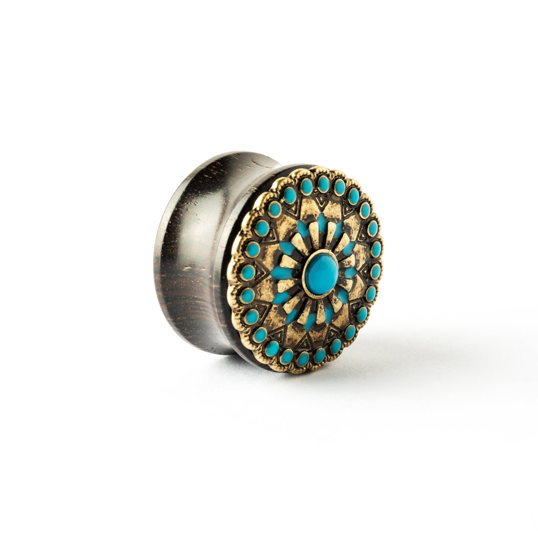 Ebony Wood Plug Earring With Brass Flower and Turquoise Stones 10mm ...