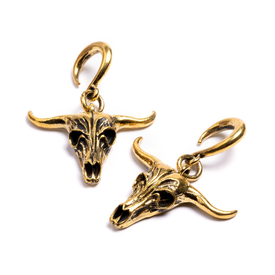 Golden Longhorn Skull Ear Weights Hangers, Buffalo Skull Ear Hangers ...