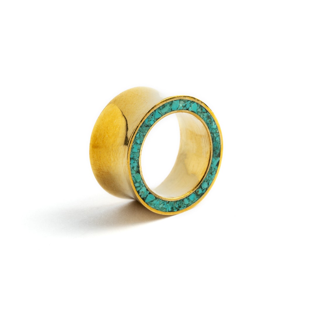 Golden Brass Ear Tunnels With Turquoise, Ear Plugs and Tunnels for ...