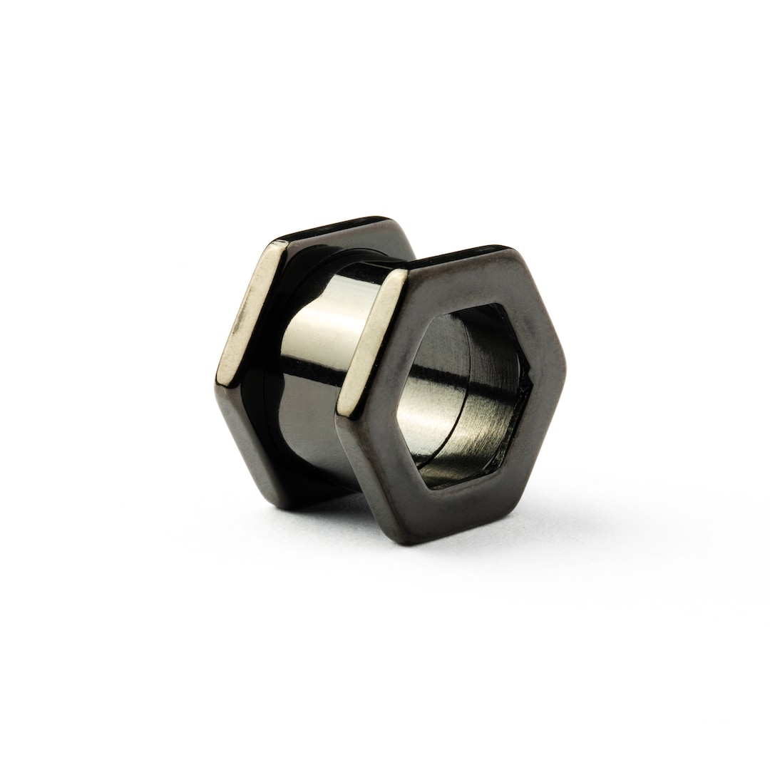 Hexagon Plug Tunnel, Black Surgical Steel 316L Ear Gauges With Screw ...
