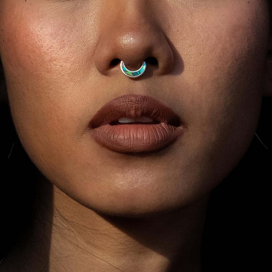 Silver Septum Ring With Abalone Shell, Boho Tribal Piercing Ring 1mm ...