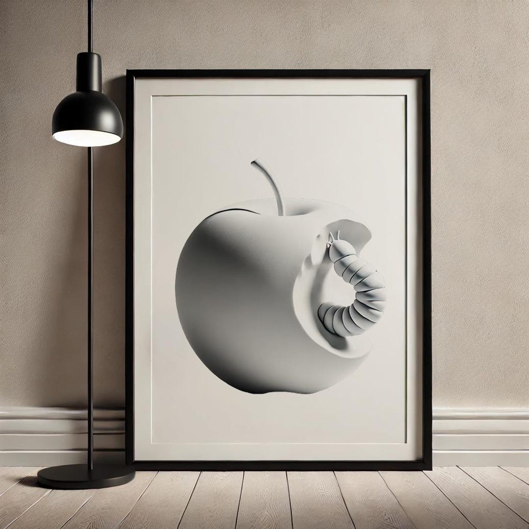 Surreal Apple With Maggot Print – Black & White Minimalist Illustration ...