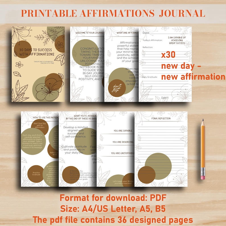 Printable Affirmation Journal Daily Affirmations for Success: 30-day ...