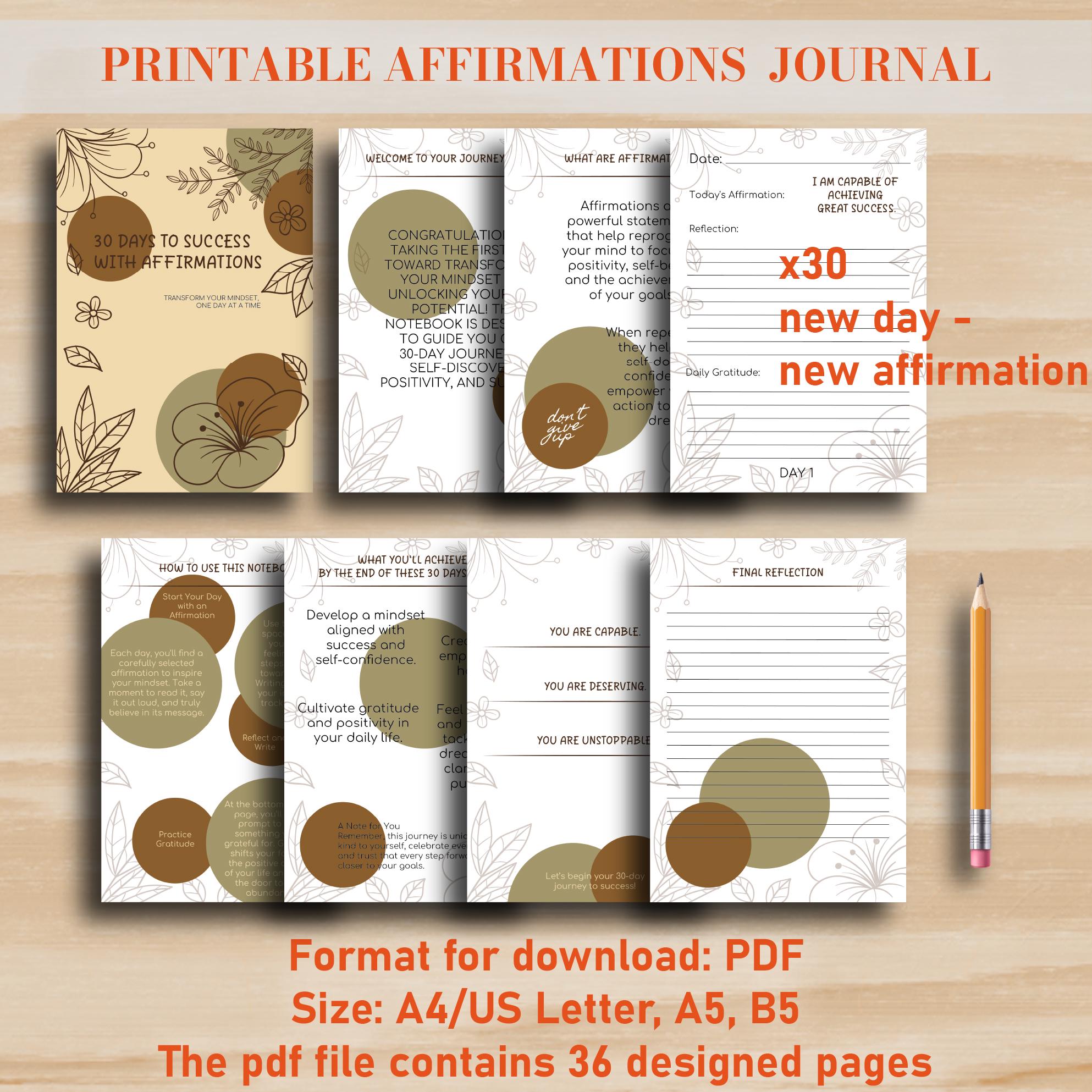 Printable Affirmation Journal Daily Affirmations for Success: 30-day ...