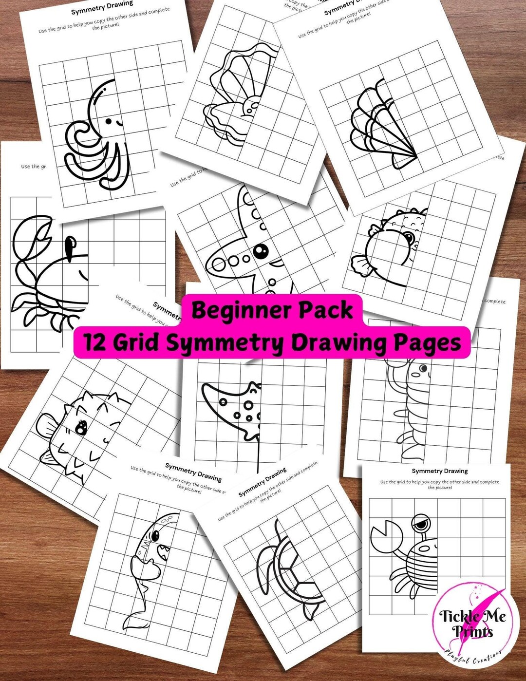 Kid's Sea Life Grid Symmetry Drawing Pages | Beginner Pack | 12 ...