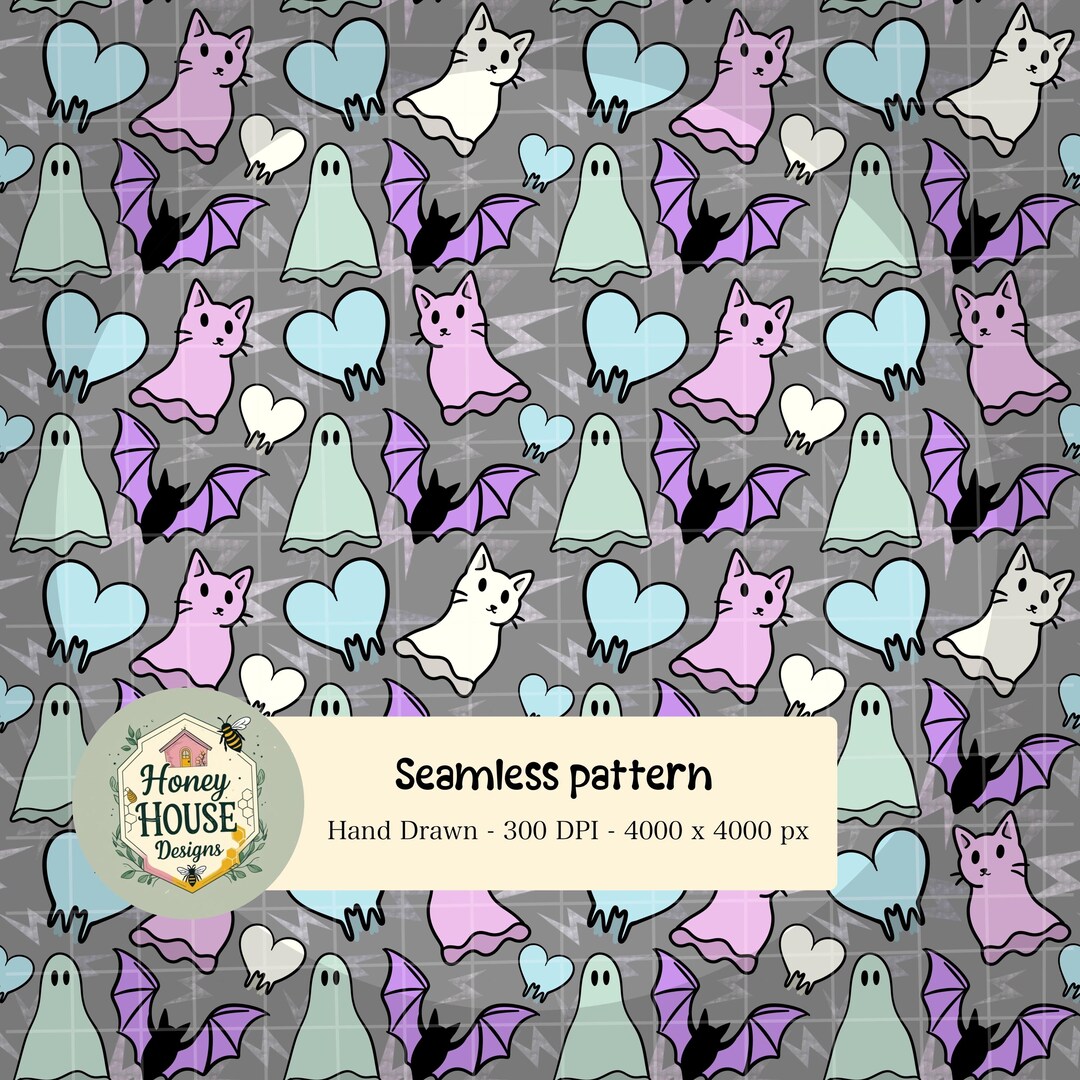 Gothic Pastel Seamless Pattern | Cute Ghosts, Cats, Bats & Hearts ...