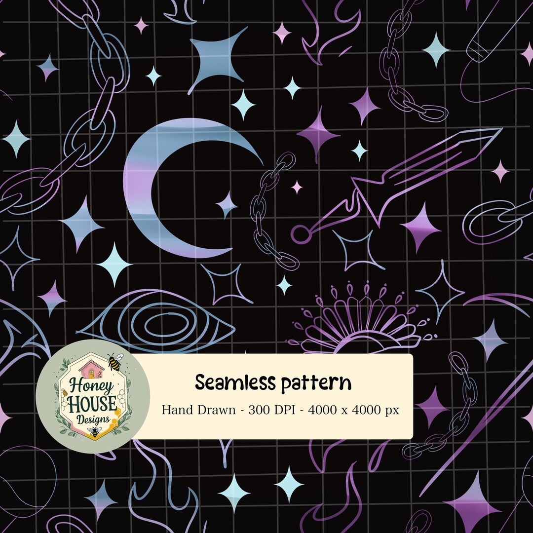 K-pop Demon Hunter Seamless Pattern | Neon Chains, Moons & Daggers ...