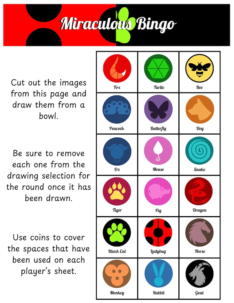 Miraculous Bingo Game | Inspired by Miraculous: Tales of Ladybug and ...