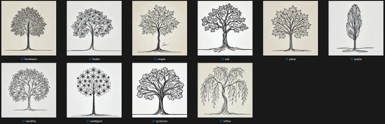 Deciduous Trees Part 2 Single Line Drawings - Digital Download for Wall ...