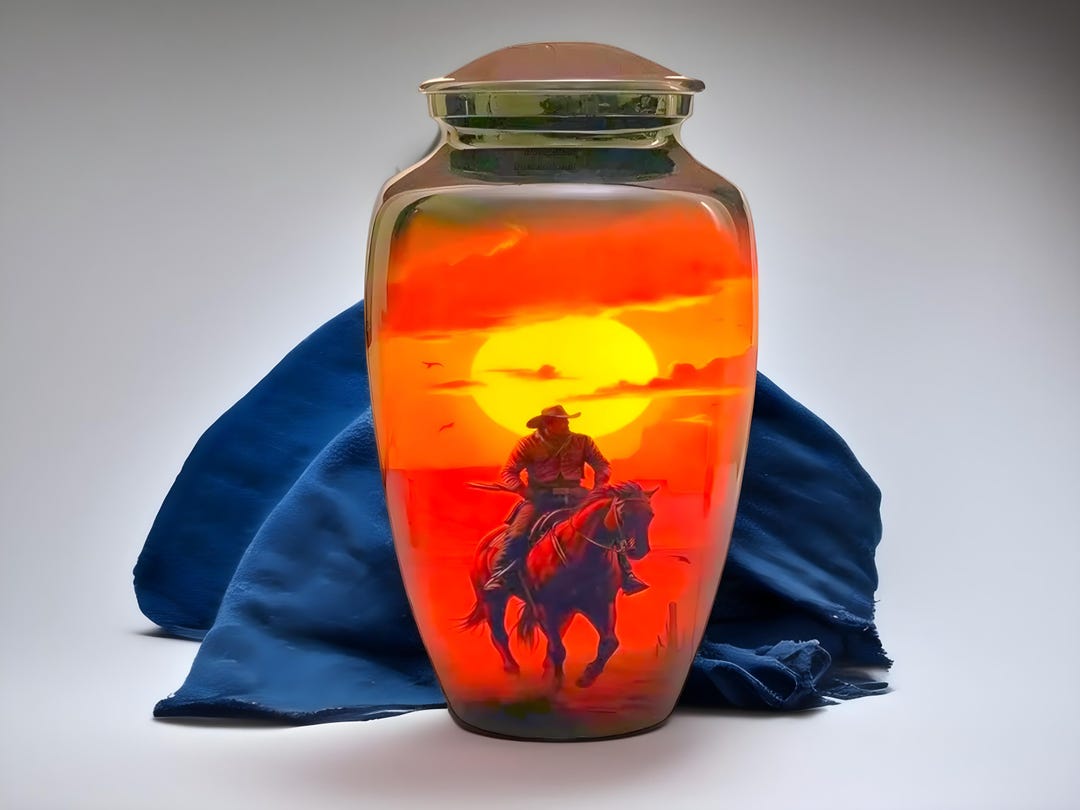 Western Cowboy Cremation Urn - Sunset Horseback Rider Memorial Urn for ...