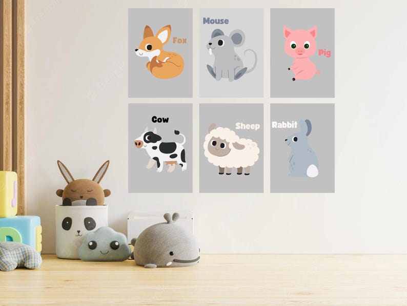 Farm Animal Learning Posters for Kids Educational Wall Art With Cow ...