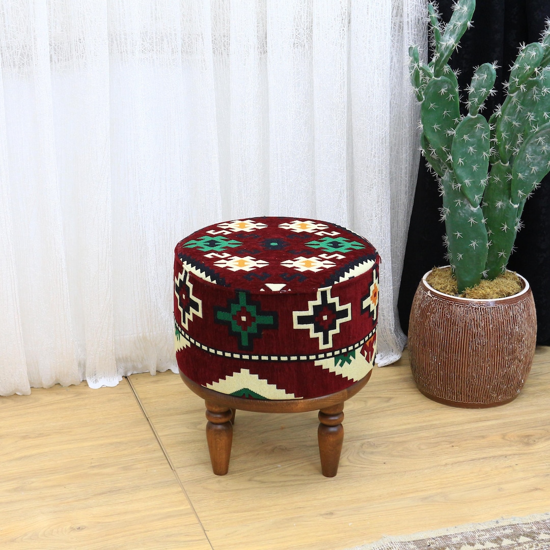 Burgundy Color Kilim Round Sofa, Ottoman Bench, Handmade Aztec Pattern ...