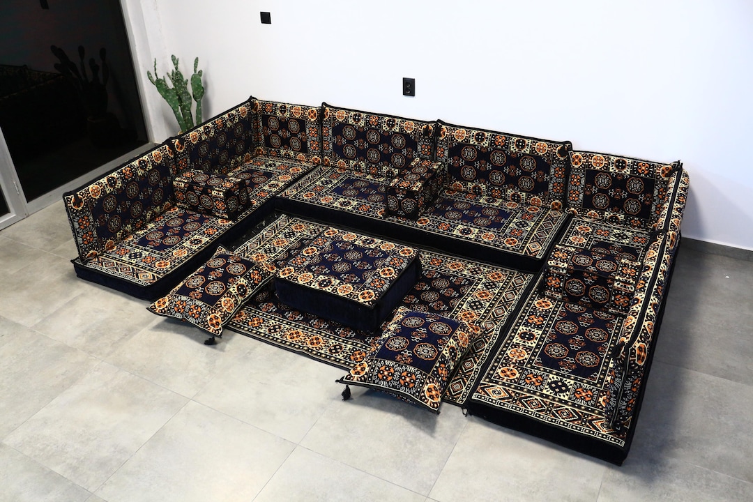 Arabic Sofa, Luxury Navy Majlis Floor Sofa Set With Traditional Rug and ...