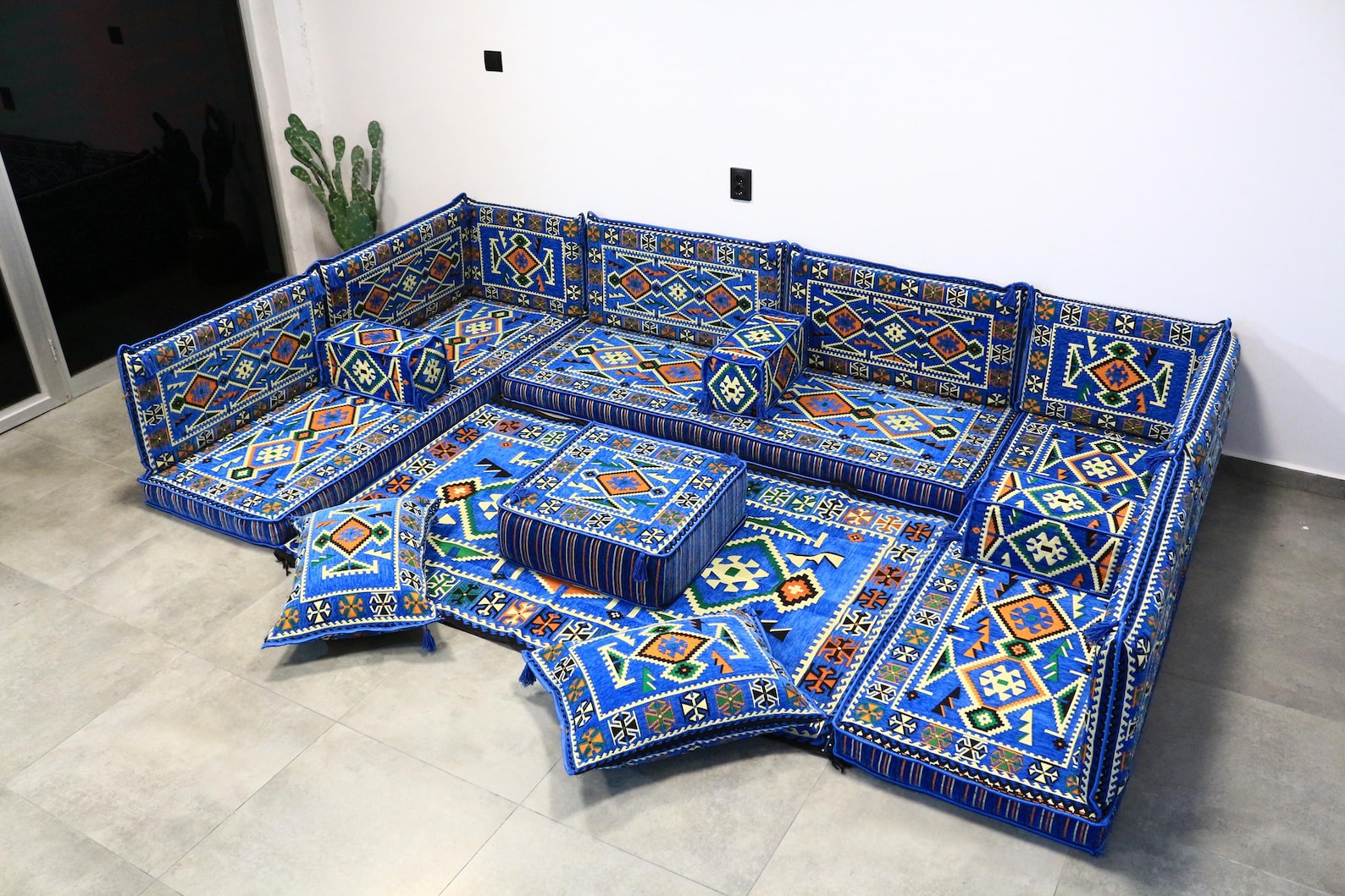 Blue Arabic Floor Sofa Set, Tribal Majlis Seating, Boho Moroccan Floor ...