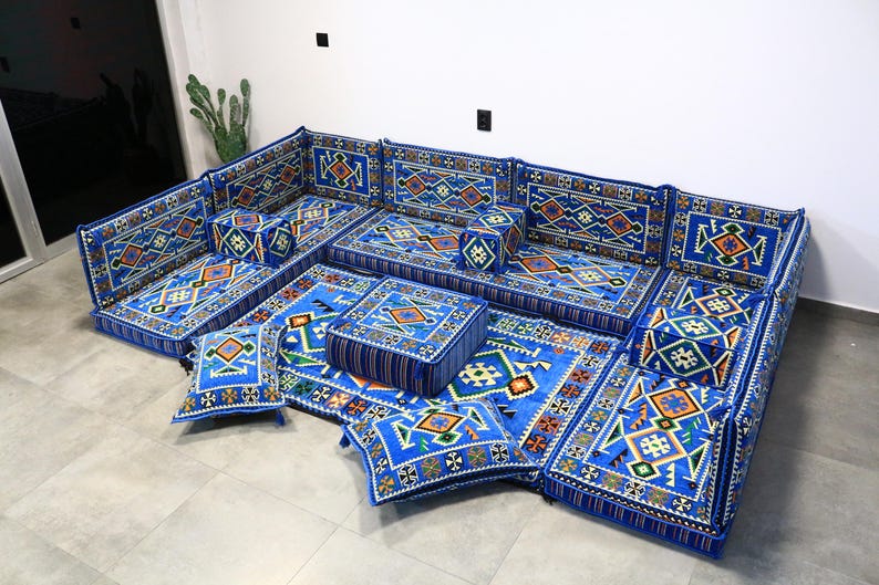Blue Arabic Floor Sofa Set, Tribal Majlis Seating, Boho Moroccan Floor ...