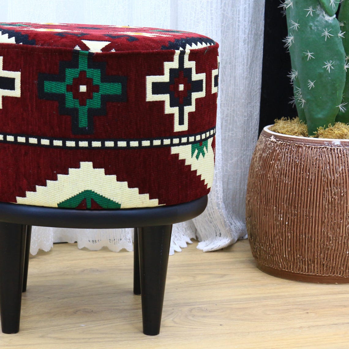 Burgundy Color Kilim Round Sofa, Ottoman Bench, Handmade Aztec Pattern ...