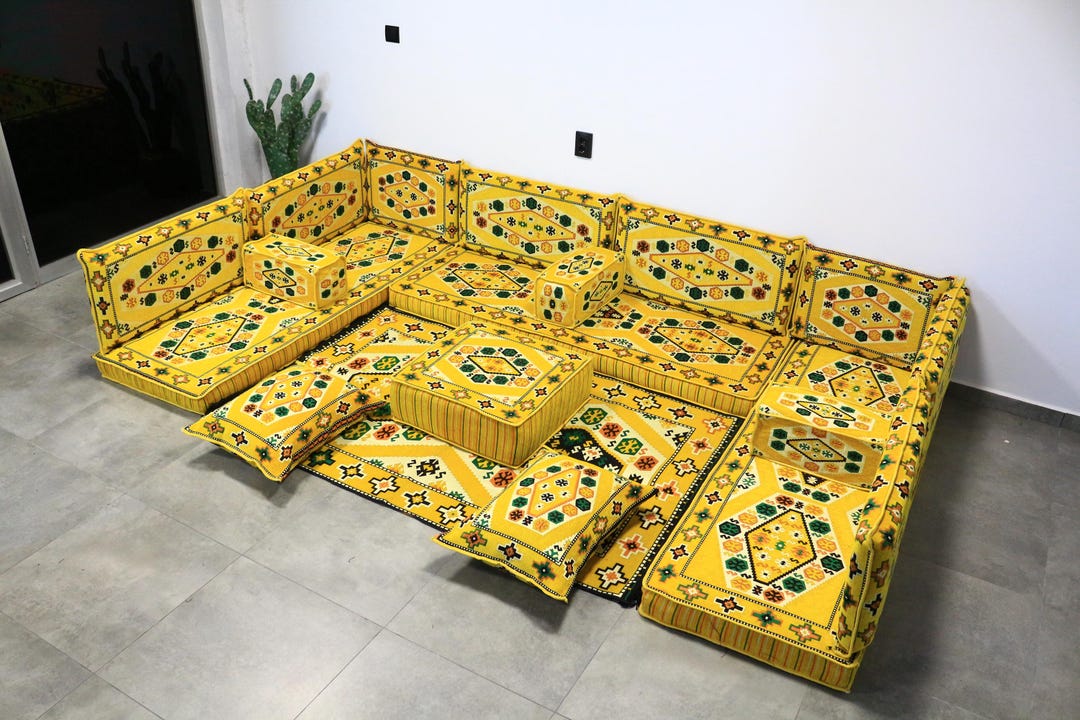 U Shaped Full Sofa SET, Yellow Majlis L Shaped Full Set With Rug, Kilim ...