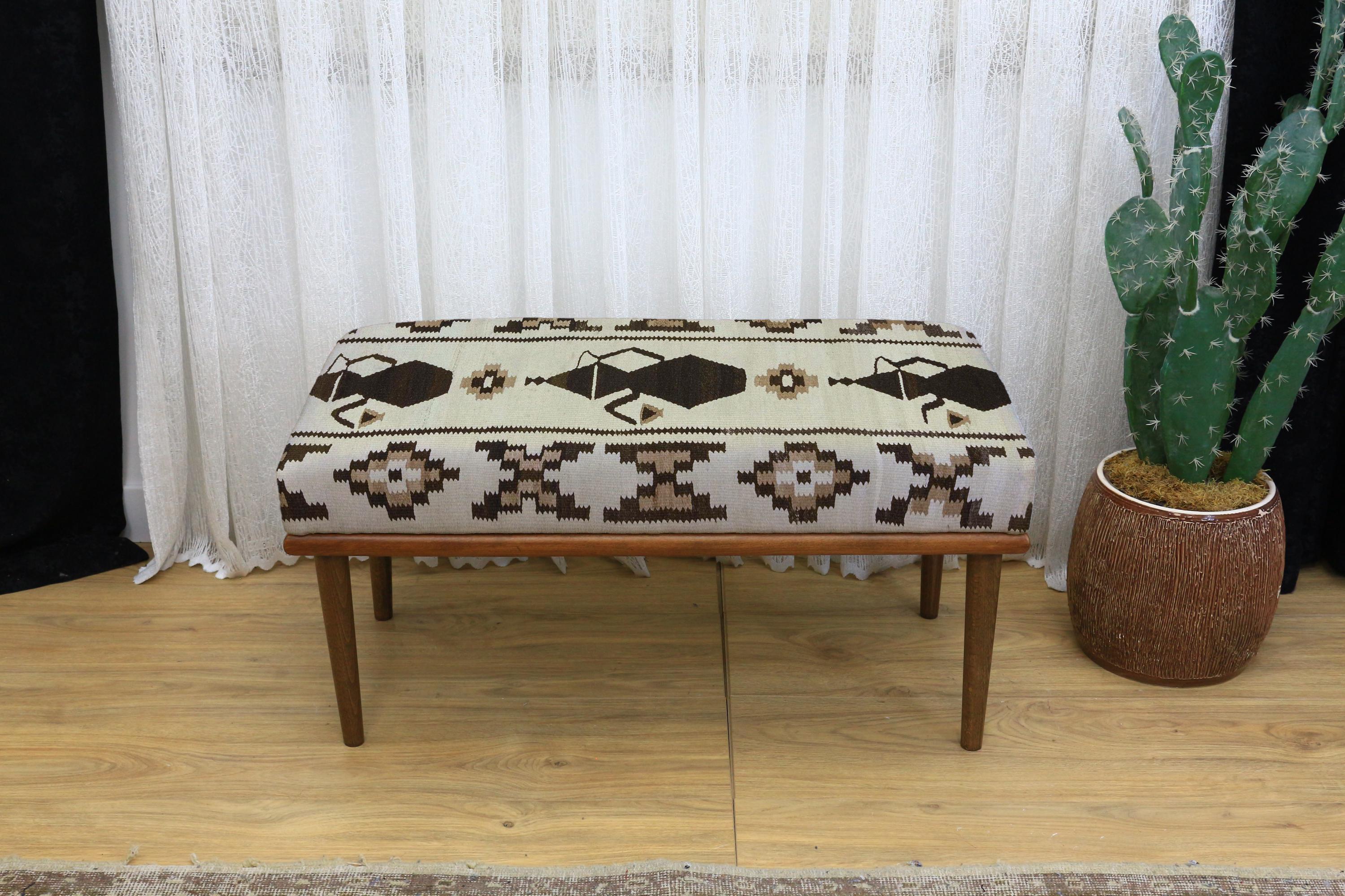 Colorful Abstract Cubism Style Bench With Wooden Legs, Artistic ...