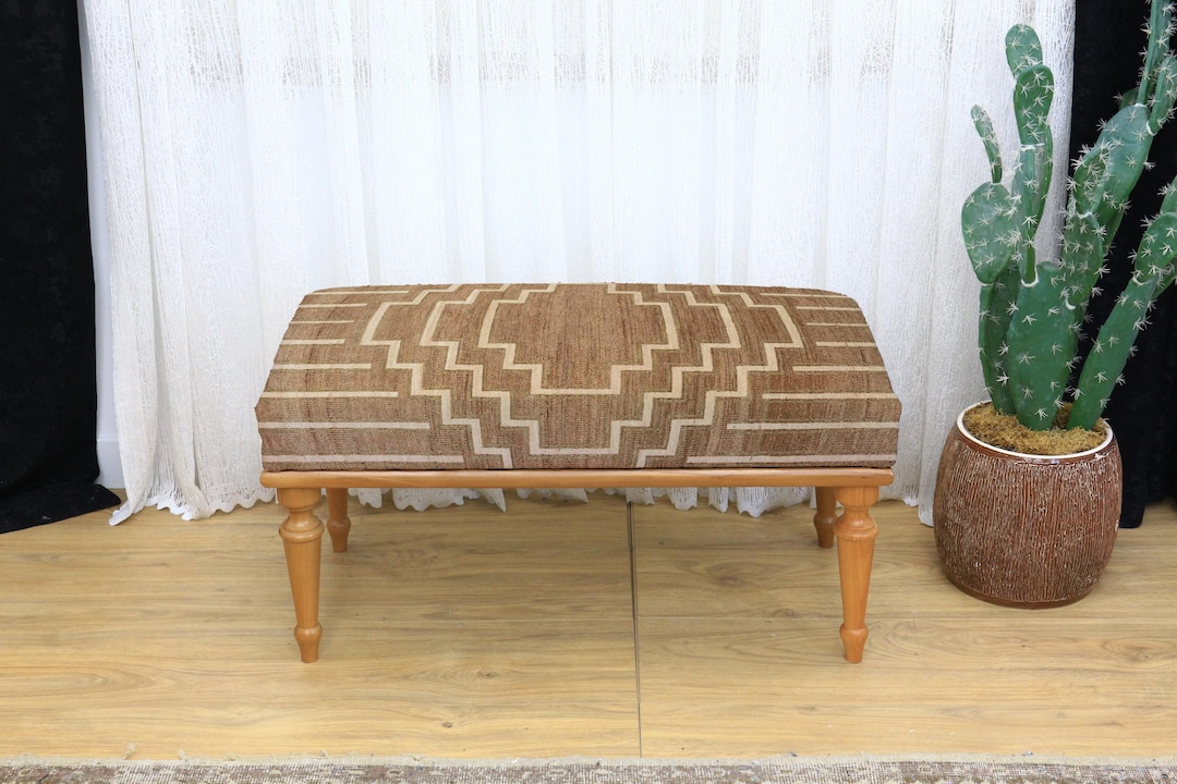 Geometric Southwestern Upholstered Bench With Beige and Brown Tribal ...