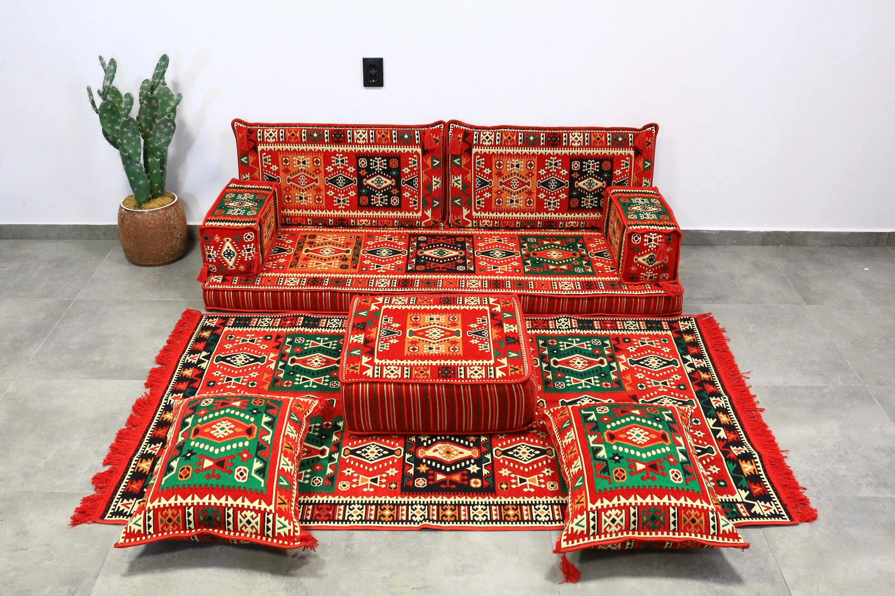 U Shaped Full Sofa SET, Red Arabic Floor Majlis Set With Ottoman ...
