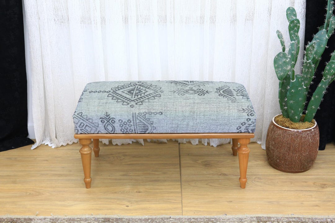 Padded Bench With Wooden Legs and Cushioned Top Covered in Authentic ...