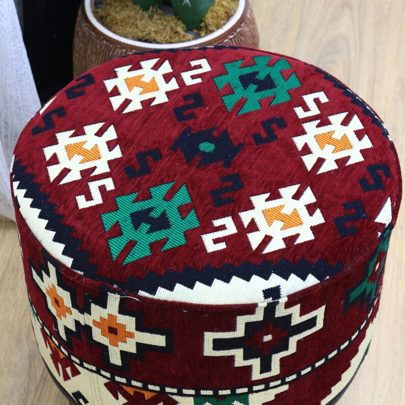 Burgundy Color Kilim Round Sofa, Ottoman Bench, Handmade Aztec Pattern ...
