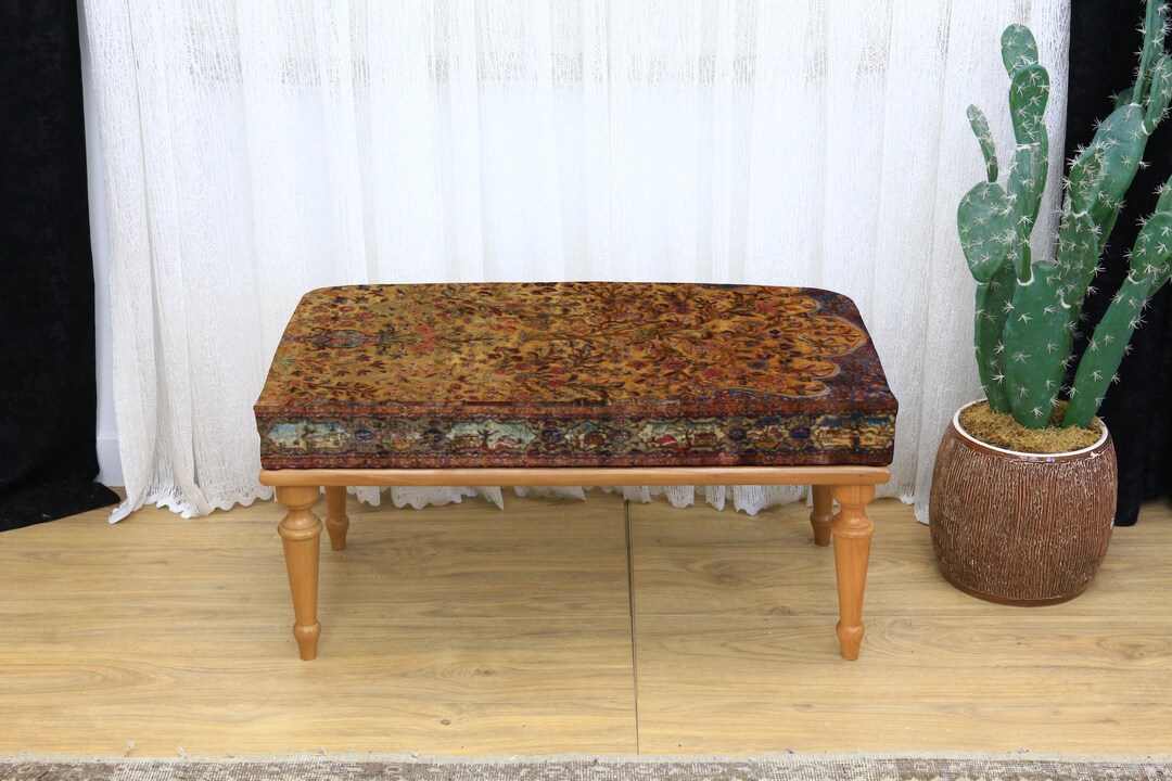 Rectangular Ottoman With Traditional Anatolian Rug Pattern in Earth ...