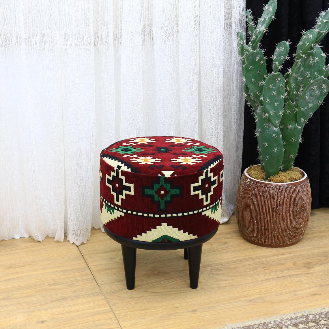 Burgundy Color Kilim Round Sofa, Ottoman Bench, Handmade Aztec Pattern ...