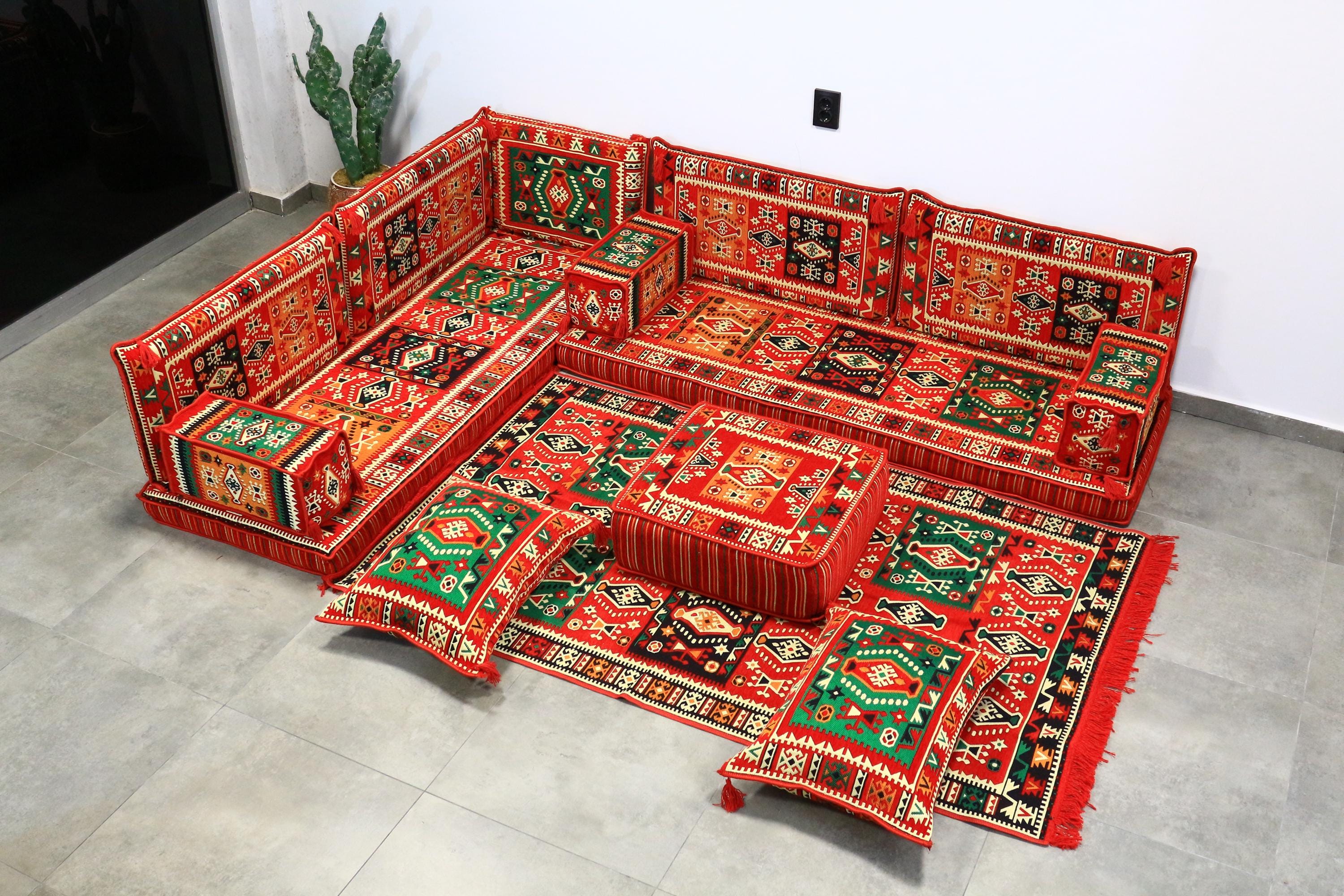 U Shaped Full Sofa SET, Red Arabic Floor Majlis Set With Ottoman ...