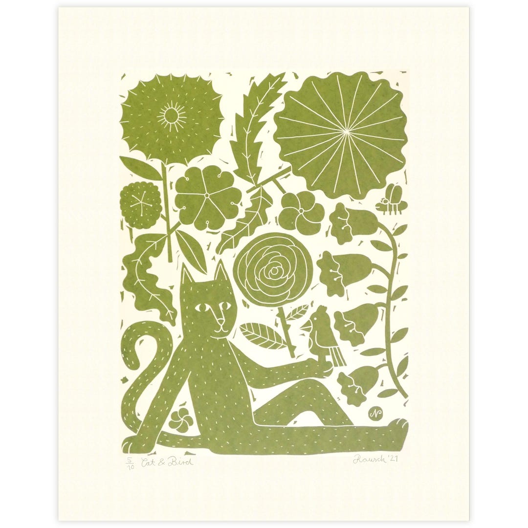 Cat & Bird – Limited Edition Silkscreen Print – Olive Edition - Etsy