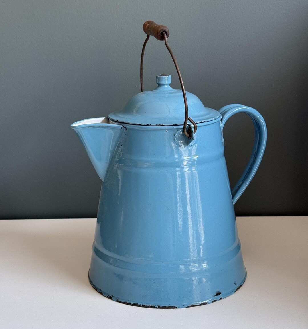 Extra Large Enamelware Antique Coffee Pot Wooden Handle Robin Egg Blue ...