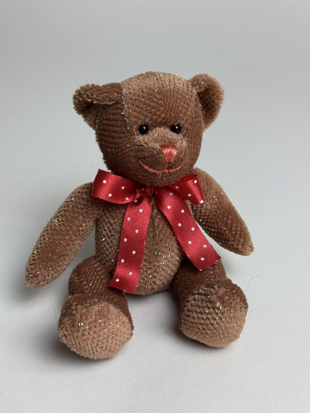 Brown Mini Teddy Bear Plush 4" Red Bow Glitter Valentine Vintage Kids ...