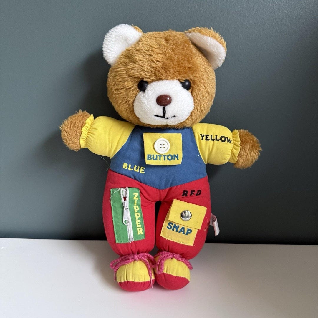Rare Vintage Teaching Teddy Plush Button Zip Snap Tie Colors 13" Fun ...