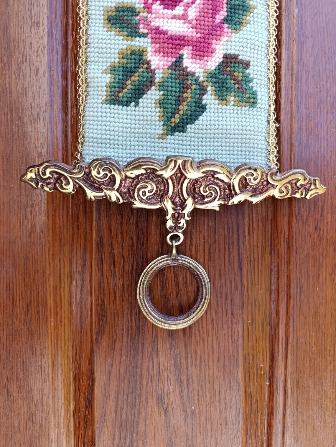Vintage Estate Needlepoint Bell Pull With Bell Wall Hanging With Bronze ...