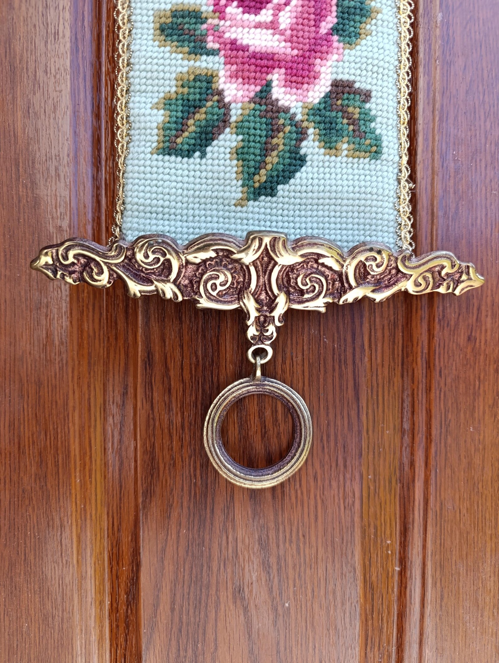 Vintage Estate Needlepoint Bell Pull With Bell Wall Hanging With Bronze ...