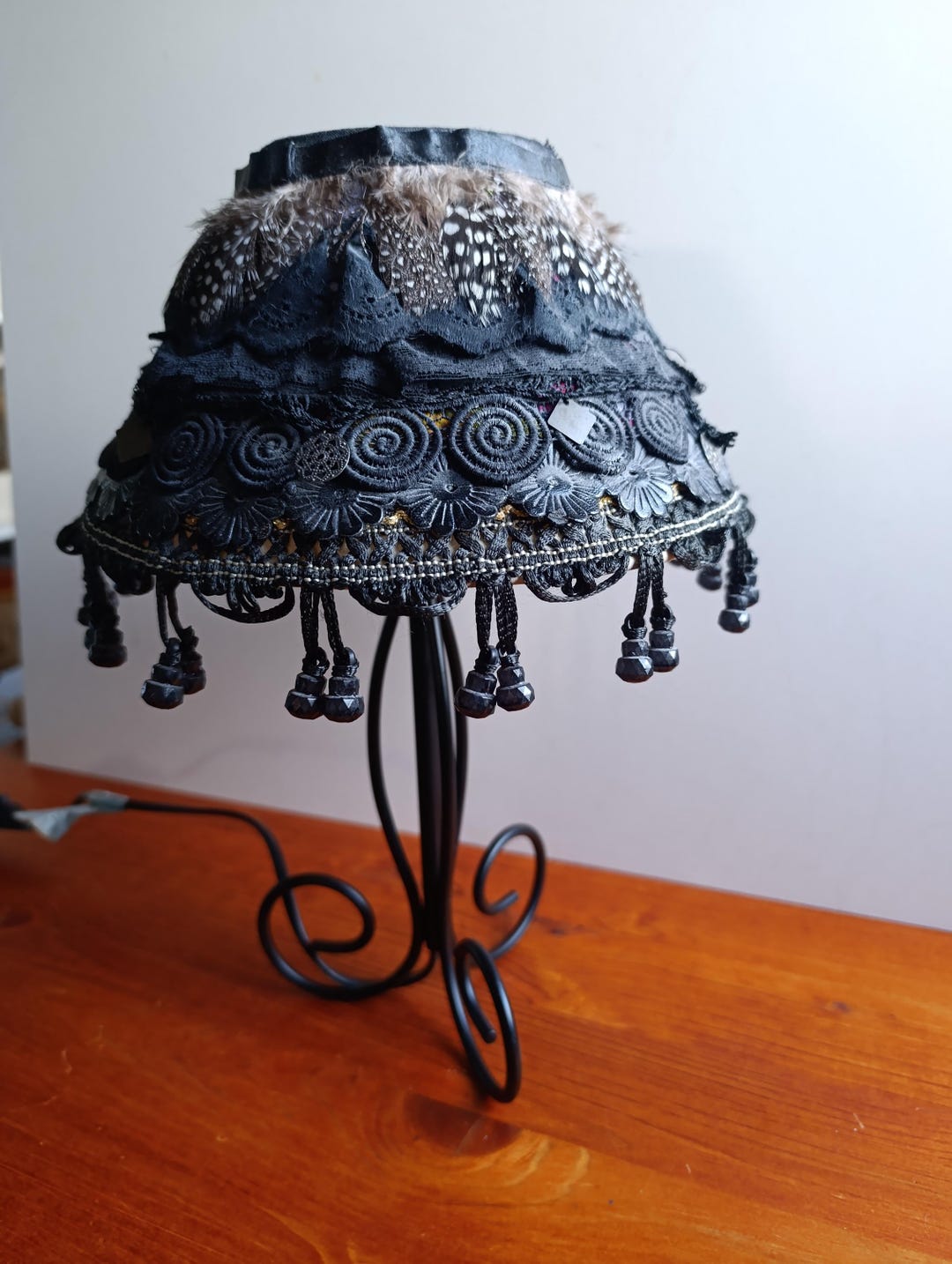 Victorian Gothic Table Lamp With Guinea Fowl Feathers and Black Lace ...