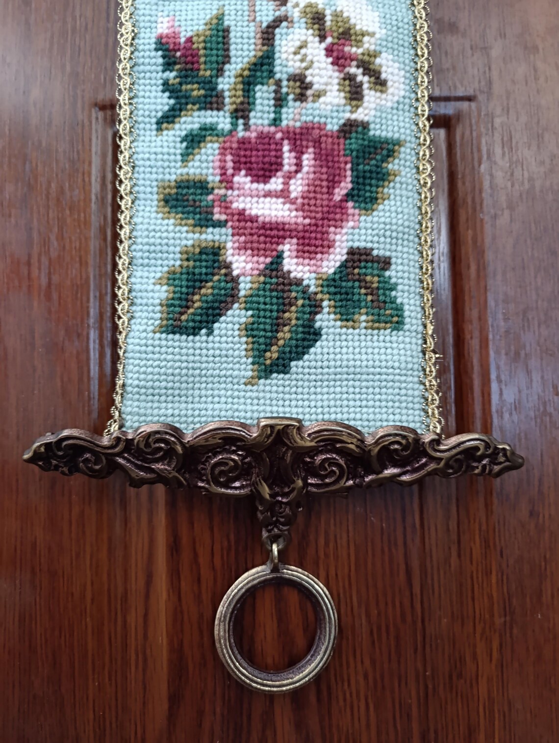 Vintage Estate Needlepoint Bell Pull With Bell Wall Hanging With Bronze ...