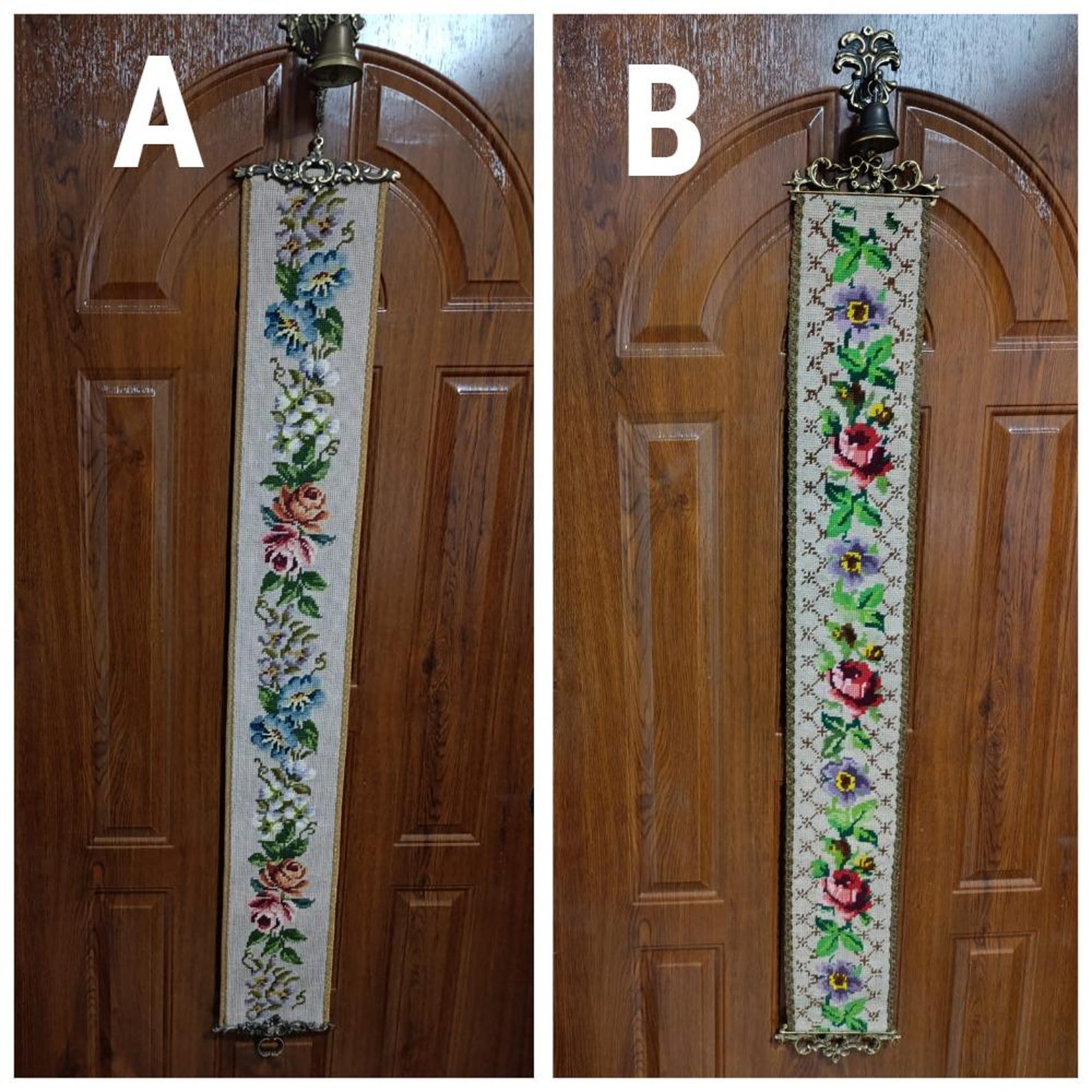Vintage Estate Needlepoint Bell Pull With Bell Wall Hanging With Bronze ...