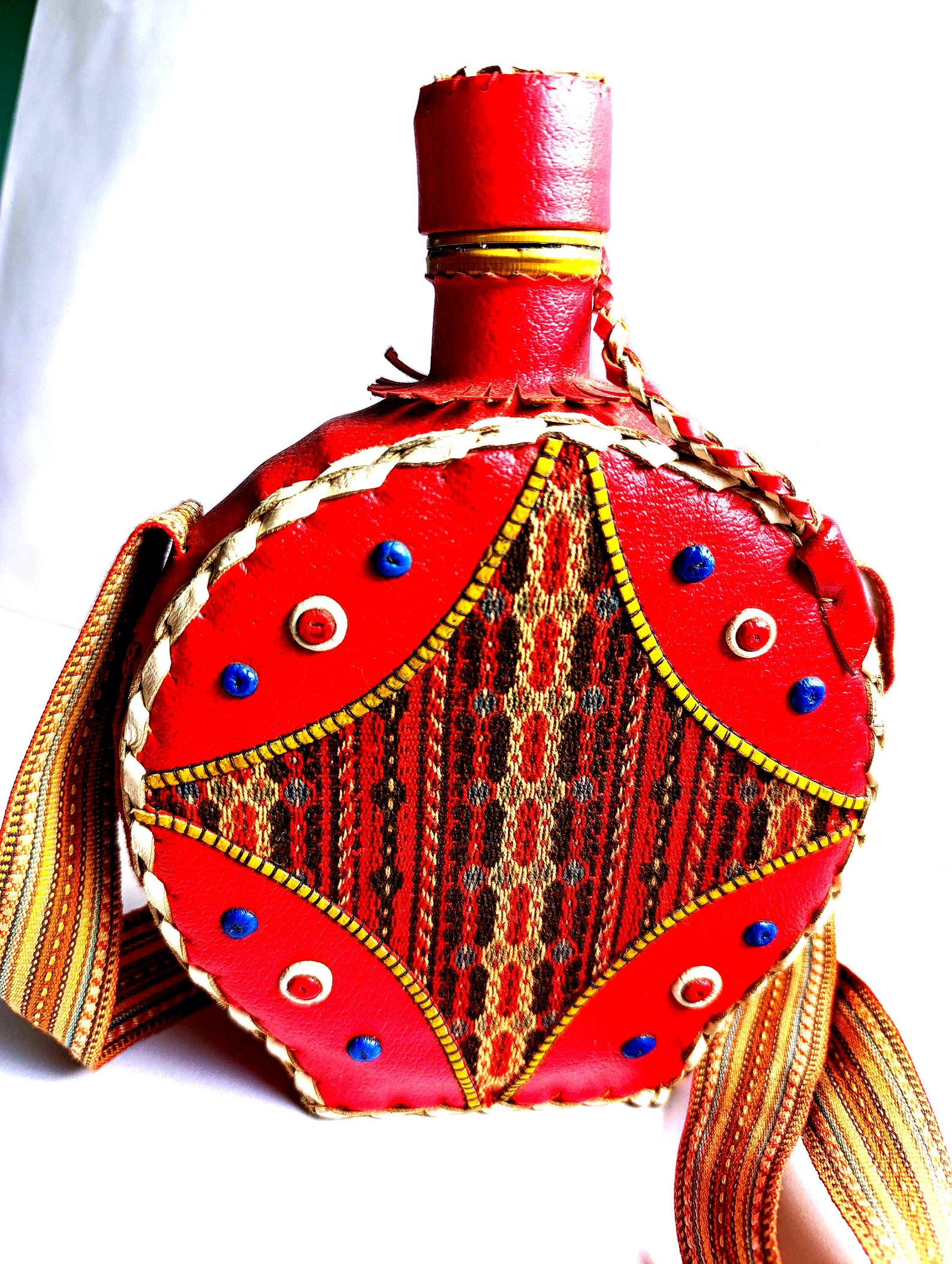 Vintage Handmade Leather Wrapped Flask Set 70s, Decorative Glass Bottle ...
