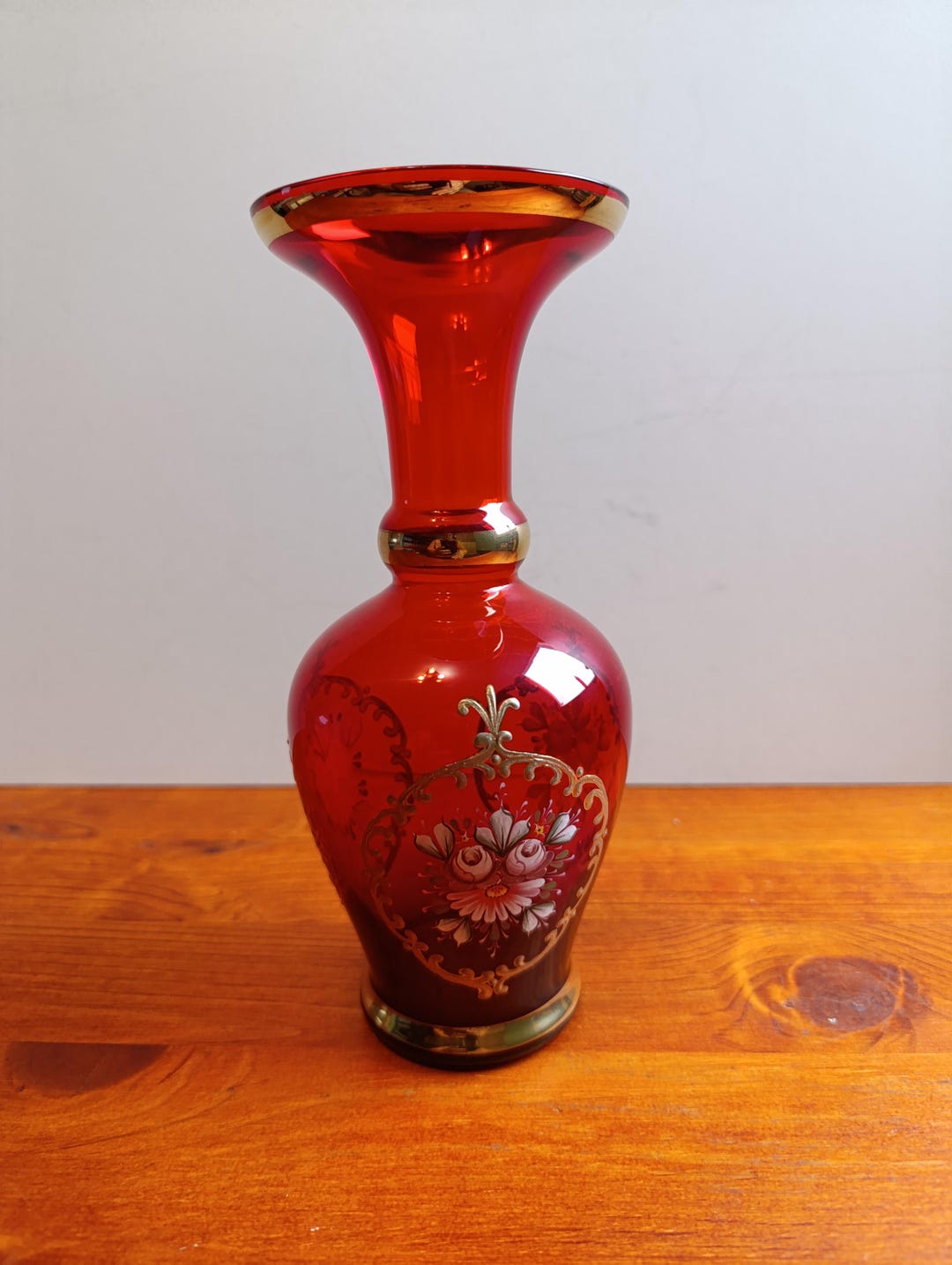 Vintage Bohemian Ruby Red Glass Vase - Hand -painted Raised Enamel ...